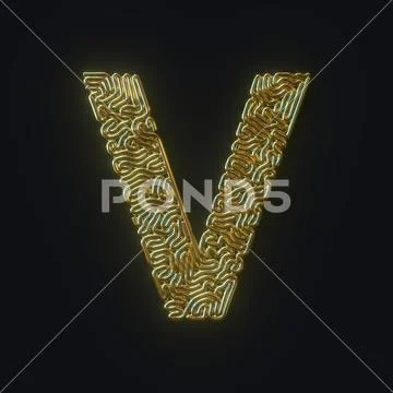 High resolution letter V symbol formed of gold bent wire. 3D rendering ...