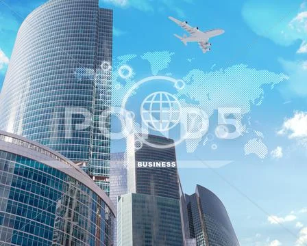 High-rise buildings with world map and icons: Graphic #55793985