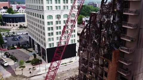 High-Rise Demolition Close-Up with Red C... | Stock Video | Pond5