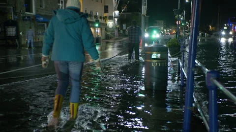 High spring tide causes flooding to town... | Stock Video | Pond5