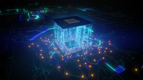 High tech chip over circuit board loop | Stock Video | Pond5