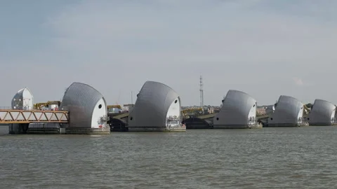 High tide front view of Thames Barrier f... | Stock Video | Pond5