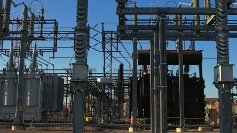 High voltage electric grid in the evenin... | Stock Video | Pond5