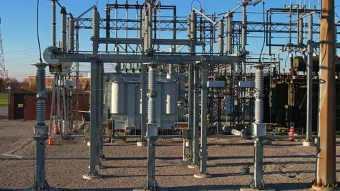 High voltage power grid station. Slow pa... | Stock Video | Pond5
