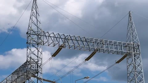 High voltage power station. Overhead pow... | Stock Video | Pond5