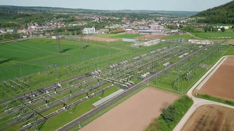 High voltage power tower in substation w... | Stock Video | Pond5