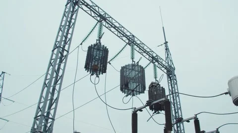 High voltage substation 110 kV tall pylo... | Stock Video | Pond5
