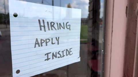 Hiring Apply Inside sign hanging on rest... | Stock Video | Pond5