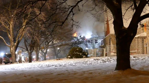 Historical stone wall building on fire w... | Stock Video | Pond5