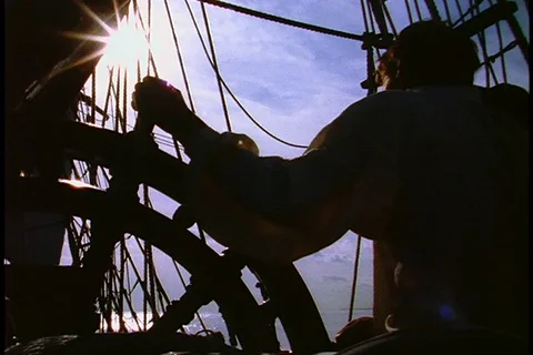 HMS Bounty crewmate at ship's wheel | Stock Video | Pond5