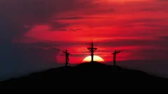 Three Crosses On A Hill At Sunset