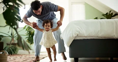 Home, first steps and father with baby, ... | Stock Video | Pond5