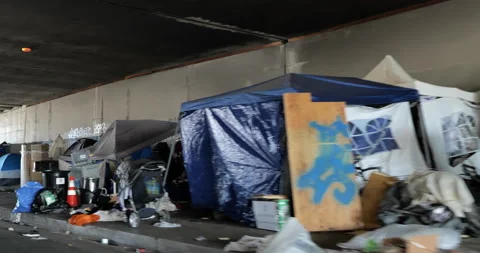 A homeless encampment under a freeway ov... | Stock Video | Pond5