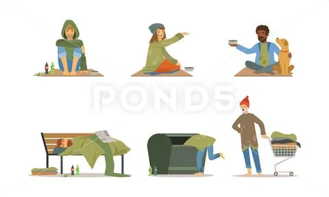 Homeless People Characters Vector Set. Poverty Concept: Royalty Free ...