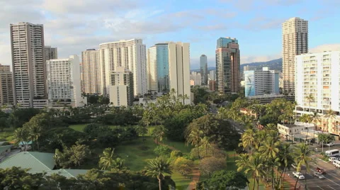 Honolulu park and tall buildings | Stock Video | Pond5