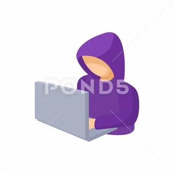 Hooded computer hacker with laptop icon: Royalty Free #93324250