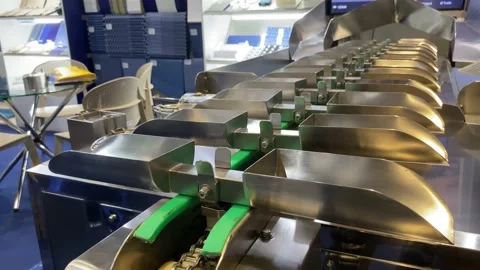 Horizontal bucket conveyor for packaging... | Stock Video | Pond5