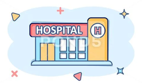 Hospital building icon in comic style. Medical clinic cartoon vector ...