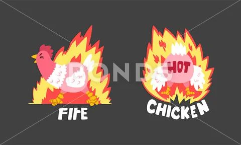 Hot Spicy Chicken with Fire as Grill and Roast Sticker Vector Set ...