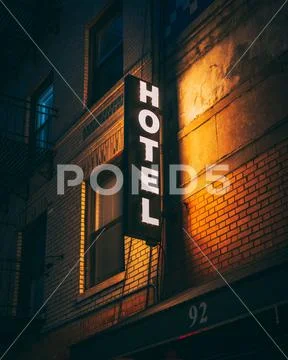 Hotel neon sign at night, in the Lower East Side, Manhattan, New York ...