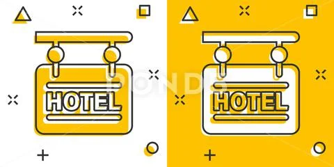 Hotel sign icon in comic style. Inn cartoon vector illustration on ...