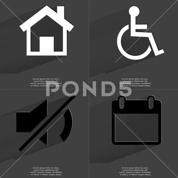 House, Disabled person, Mute icon, Calendar. Symbols with long shadow ...