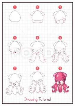 How to Draw a Squid. Step by Step Drawing Tutorial. Draw Guide. Simple ...