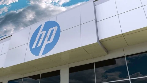 HP Inc. logo on the modern building faca... | Stock Video | Pond5