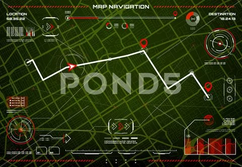 HUD navigation interface, hazard control, city map Illustration #163257408