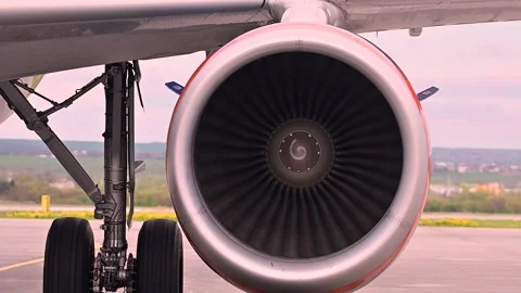 Huge airplane jet engine close up view m... | Stock Video | Pond5