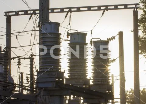 Huge ceramic insulators on high-voltage power lines Stock Image #90690981