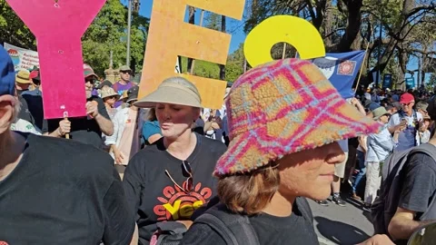 HUGE COLOURFUL YES PLACARD AT RALLY FOR ... | Stock Video | Pond5