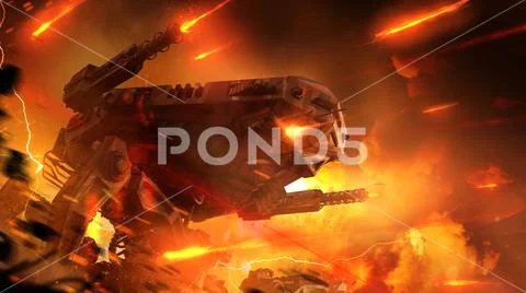 A huge mechanical robot in the style of Sci-Fi shoots from all the guns ...