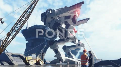 A huge military robot on a futuristic military training ground. An ...
