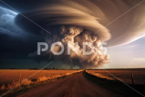 A huge tornado in the sky road in front natural disaster severe weather ...