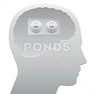 Human Brain Start Stop Button Mind Thinking Head: Royalty Free #141009698