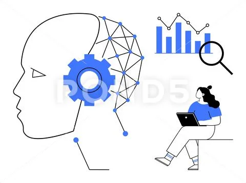 Human head with gear and network nodes, bar chart with magnifying glass ...