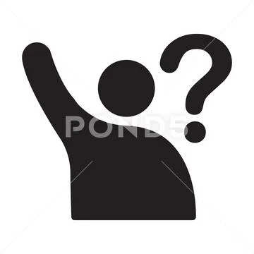 Human raised hand with question mark icon vector uncertain person asking ques: Graphic #175094113