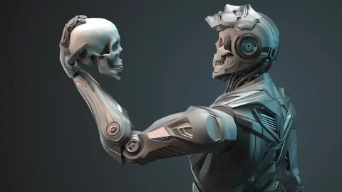 HUMANOID cyborg holding skull | Stock Video | Pond5