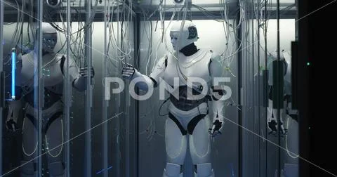 Photograph: Humanoid robot checking servers in a data center #100462667