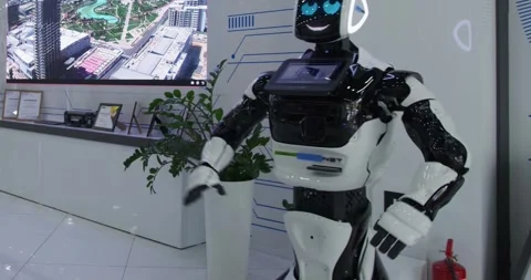 Humanoid robot at the exhibition in the ... | Stock Video | Pond5