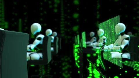 Humanoid robots working with computers | Stock Video | Pond5