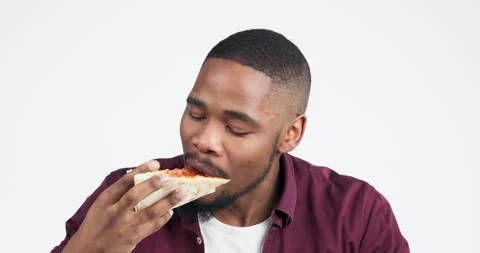 Hungry, face and a black man with pizza ... | Stock Video | Pond5
