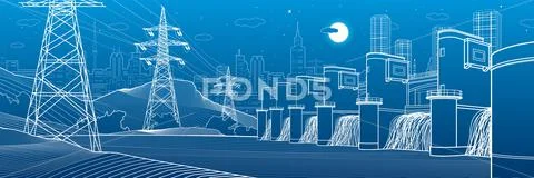 Hydro power plant. River Dam. Energy station. Power lines. City ...