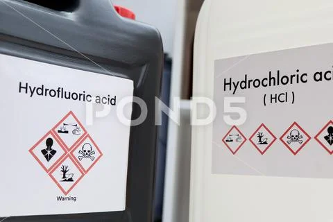 Hydrofluoric acid, Hazardous chemicals and symbols on containers Stock ...