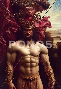 Hyper-realistic illustration of a pumped-up man with a golden crown ...