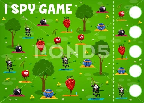I spy game worksheet, berry characters on yoga Illustration #192200056