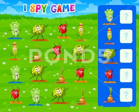 I spy game worksheet, cartoon vegetables on yoga: Graphic #197335973