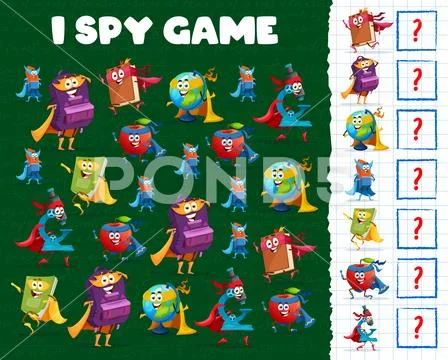 I spy game worksheet cartoon stationery superhero Illustration #243725472