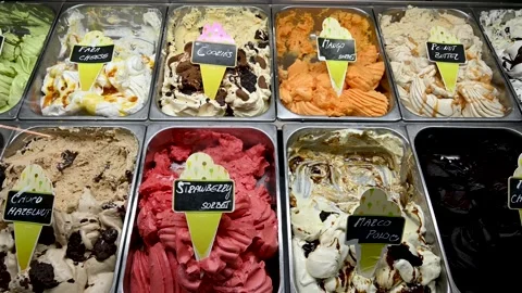 Ice Cream in window display. Fresh and c... | Stock Video | Pond5